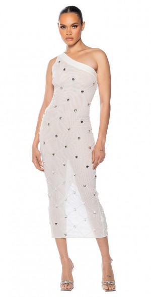 AKIRA - CROSS ME MESH RHINESTONE DRESS IN WHITE