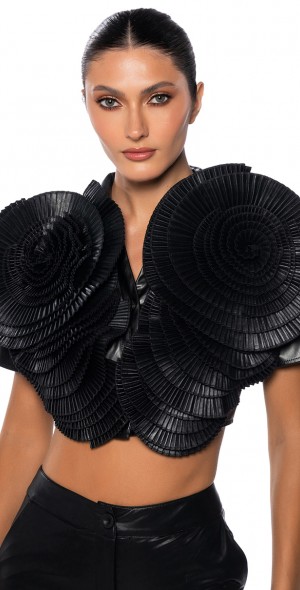 AKIRA - LOTUS FLOWER BOMB FAUX LEATHER COLLARED TOP