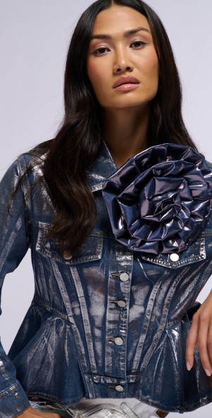 AKIRA - MONIQUE FLOWER DETAIL METALLIC DENIM JACKET