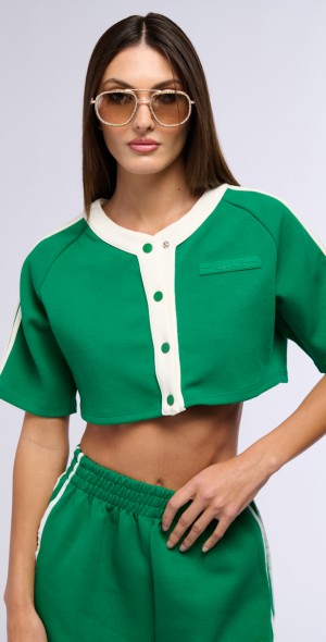AKIRA - ON POINT BUTTON DOWN CROP TOP IN GREEN