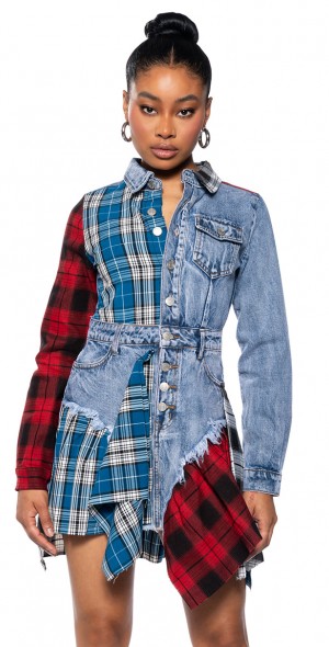 AKIRA - PATCHWORK PLAID DENIM MINI DRESS