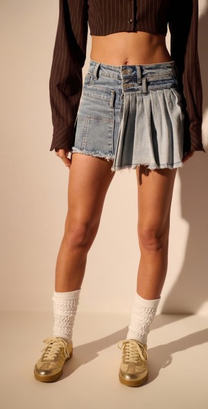 AKIRA - PLEATED OVERLAY ULTRA MINI DENIM SKIRT