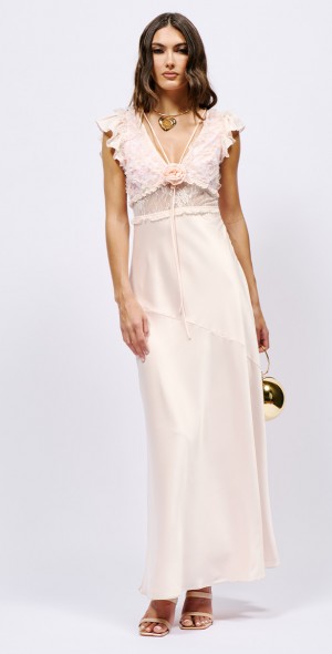 AKIRA - SAVING MYSELF FLOWER APPLIQUE LACE DETAIL SATIN MAXI DRESS