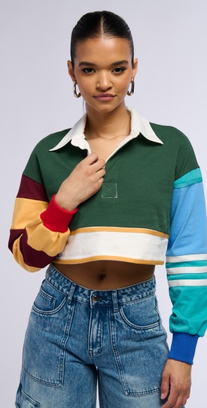 AKIRA - VARSITY LETTER LONG SLEEVE CROPPED POLO SHIRT