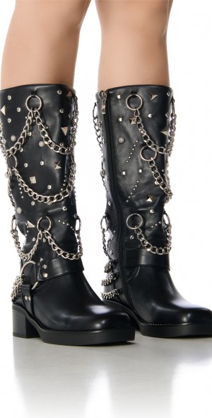 AZALEA WANG - FILLMORE BLACK EMBELLISHED HARDWARE FLAT BOOTIE