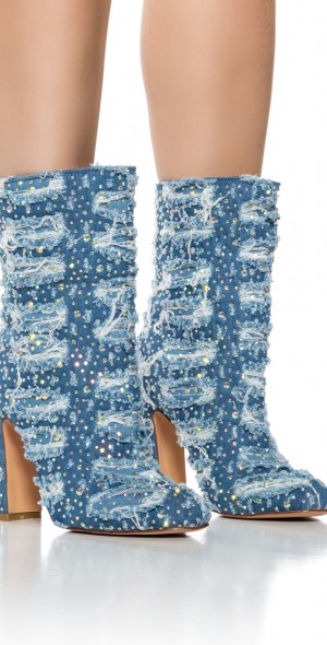 AZALEA WANG - WHITEHAVEN DISTRESSED DENIM EMBELLISHED BOOTIE