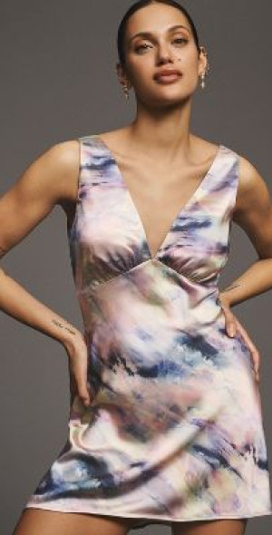 BHLDN - Claire V-Neck Printed Stretch Satin Mini Dress