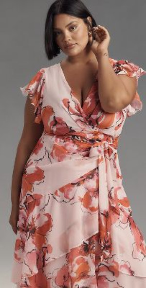 Hutch - Ruffle-Sleeve V-Neck Floral Wrap Midi Dress