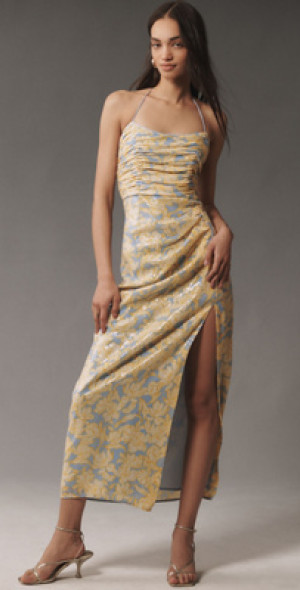 Hutch - Tylia Sleeveless Ruched Side-Slit Sequin Maxi Dress