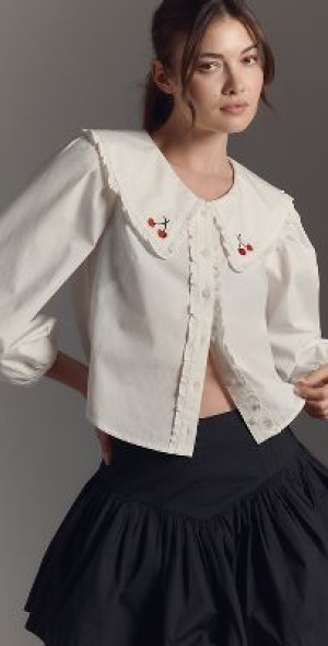 Maeve - Long-Sleeve Collared Ruffle-Front Blouse