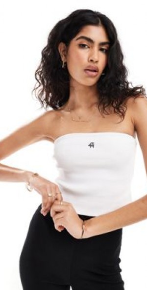 4th & Reckless - ribbed bandeau embroidered logo top in white