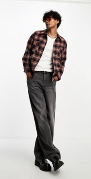 ADPT - oversized boxy flannel check overshirt in brown