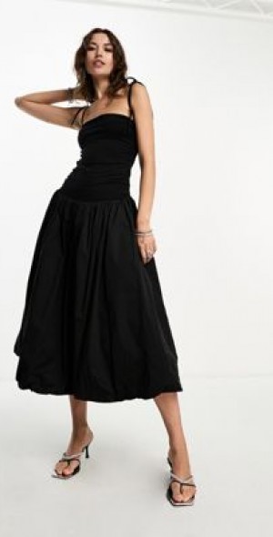 Amy Lynn - Alexa shoulder tie puffball midi dress in black