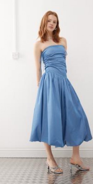 Amy Lynn - Alexa tie shoulder puffball midi dress in blue chambray