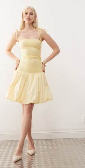 Amy Lynn - Alexa tie shoulder puffball mini dress in buttermilk-Yellow