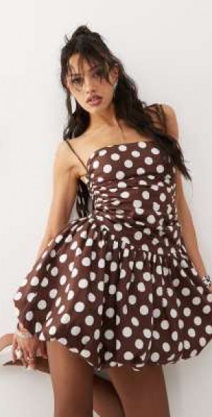 Amy Lynn - Alexa tie shoulder puffball ultra mini dress in brown polka ...