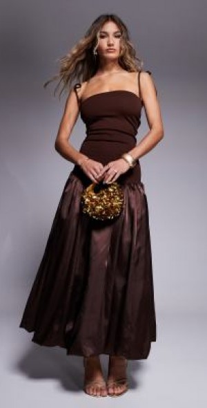 Amy Lynn - Alexa tie shoulder satin puffball midi dress in chocolate-Brown