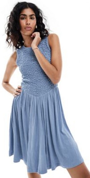 ASOS DESIGN - crinkle shirred bodice mini dress with open back in denim ...