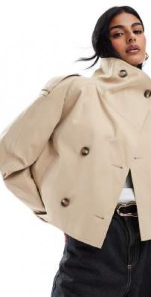 ASOS DESIGN - cropped funnel neck trench coat in stone-Neutral