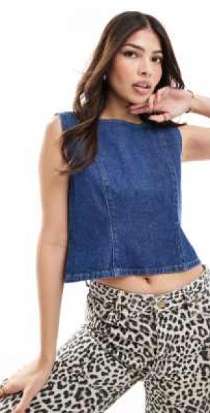 ASOS DESIGN - denim peplum top in mid blue