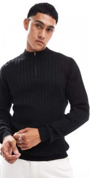 ASOS DESIGN - essential muscle fit knitted rib 1/2 zip sweater in black