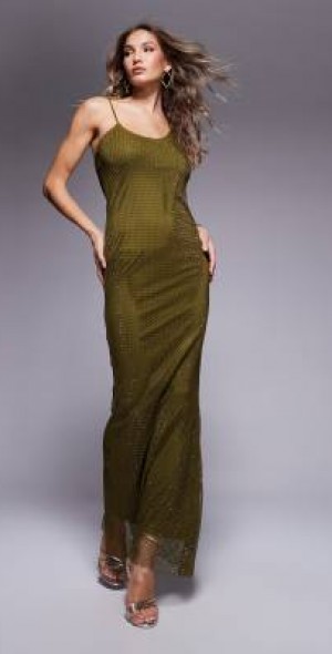 ASOS DESIGN - fishnet hotfix asymmetric cowl maxi dress in olive green-Gray