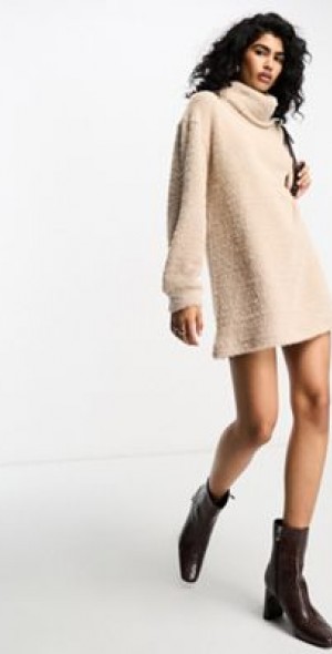 ASOS DESIGN - fluffy mini dress with turtleneck in oat-Brown