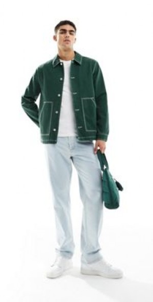 ASOS DESIGN - harrington jacket in green with contrast stitch