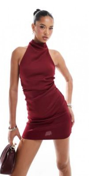 ASOS DESIGN - high neck manipulated tuck mini dress in dark rose-Pink