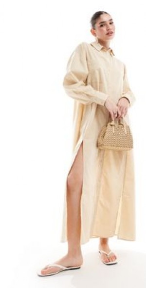 ASOS DESIGN - maxi shirt dress with high double slit in stone-Neutral
