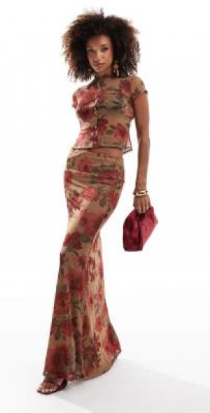 ASOS DESIGN - mesh fishtail maxi skirt in floral print - part of a set-pink