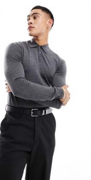 ASOS DESIGN - muscle fit knit merino wool polo sweater in gray