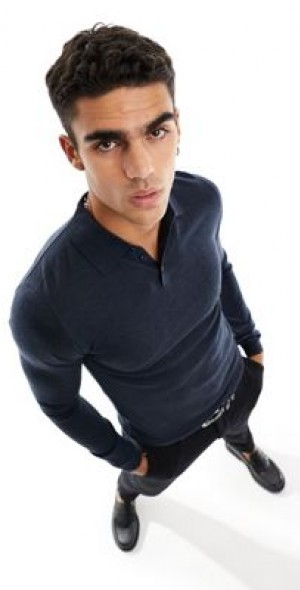 ASOS DESIGN - muscle fit knit merino wool polo sweater in navy