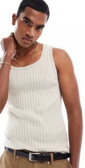 ASOS DESIGN - muscle lightweight knit ribbed tank in stone-Neutral