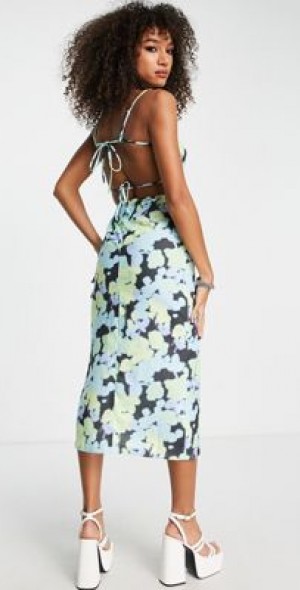ASOS DESIGN - open back slip midi dress in blurred floral print-Multi