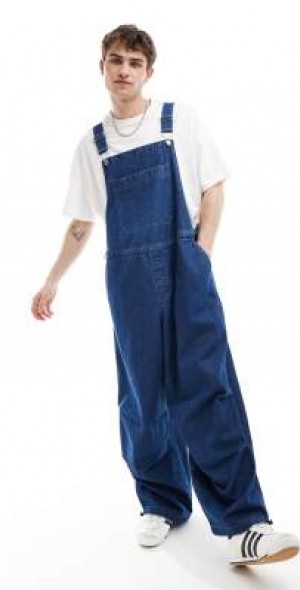 ASOS DESIGN - oversized parachute denim overalls in mid wash blue
