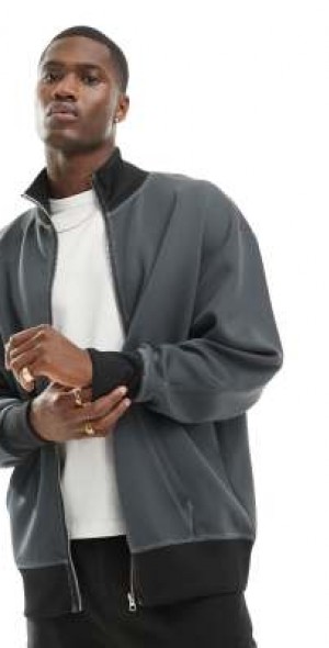 ASOS DESIGN - oversized scuba track jacket in charcoal-Gray