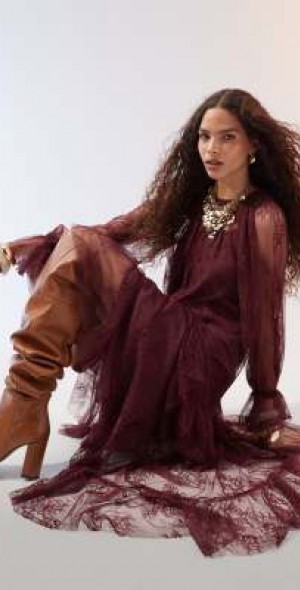 ASOS DESIGN - ruffle detail lace maxi dress in burgundy-Red