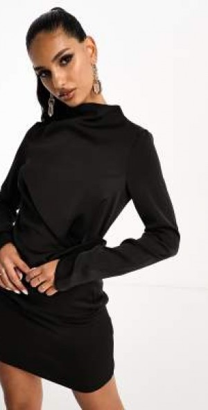ASOS DESIGN - satin long sleeve tuck detail mini dress in black