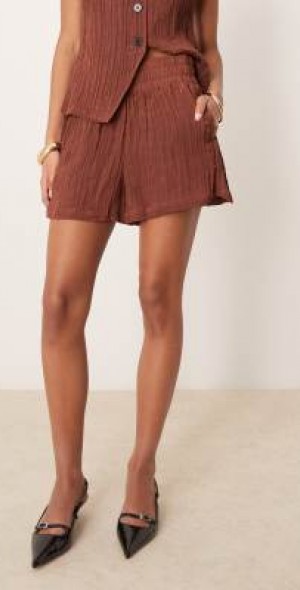 ASOS DESIGN - sheer crinkle satin boxer shorts in brown - part of a set