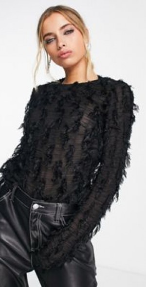 ASOS DESIGN - sheer fluffy texture blouse in black