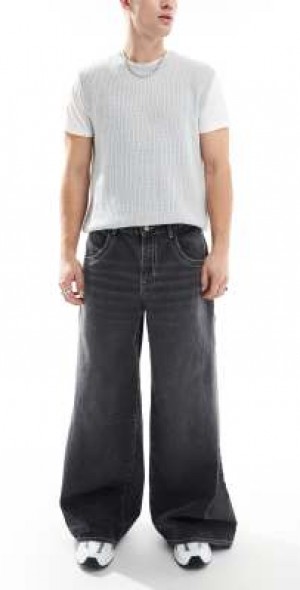 ASOS DESIGN - super wide legs jeans with rips in washed black