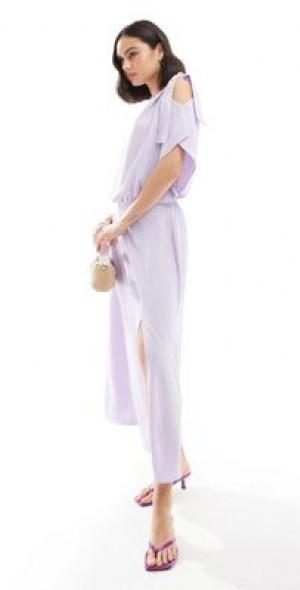 ASOS DESIGN - tie shoulder blouson midi dress in lilac-Purple