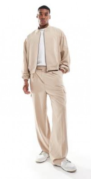 ASOS DESIGN - wide leg smart cargo pants in beige-Neutral