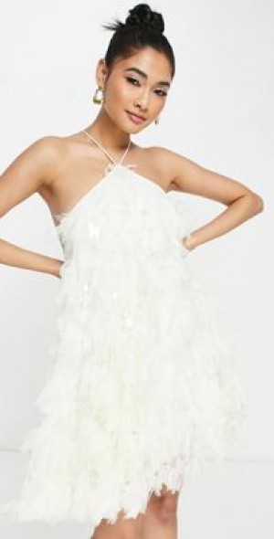 ASOS EDITION - backless mini dress in textured mesh in cream-White