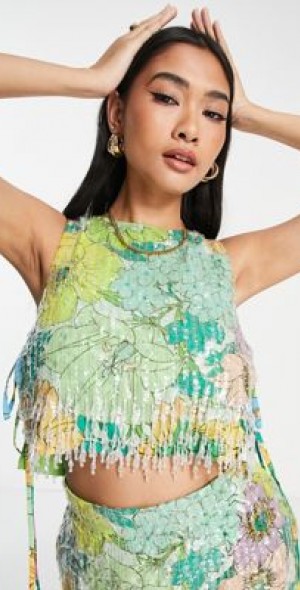 ASOS EDITION - bright floral print and sequin crop top with fringe-Multi
