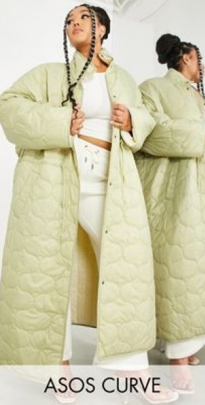 ASOS EDITION - Curve quilted high neck coat with drawstring in sage green