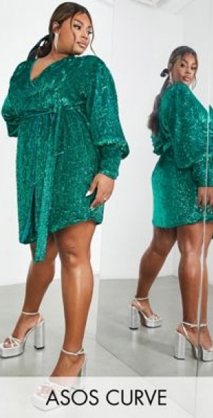 ASOS EDITION - Curve sequin wrap mini dress in teal green