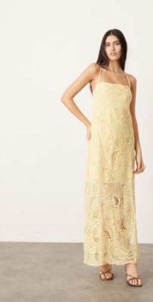 ASOS EDITION - embroidered cut work cami column maxi dress in yellow