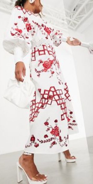Asos Edition Embroidered Midi Dress With Cutwork And Lace Trim In Red